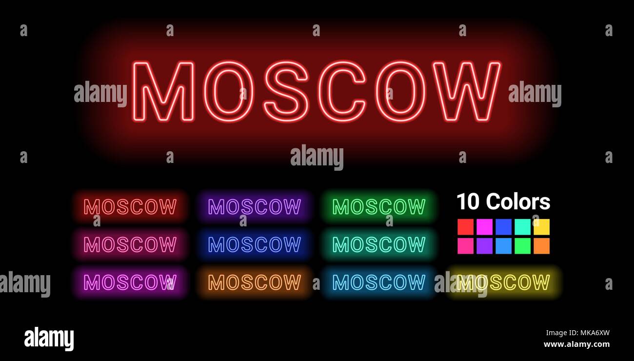 Neon name of Moscow city. Vector illustration of Moscow inscription ...