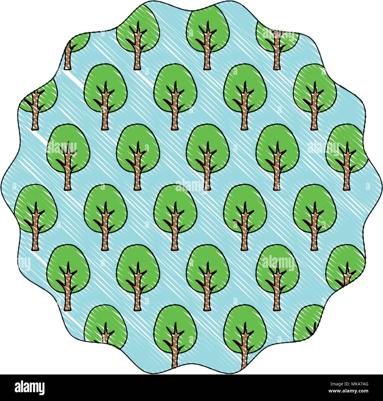 circular frame with trees pattern over white background, colorful ...