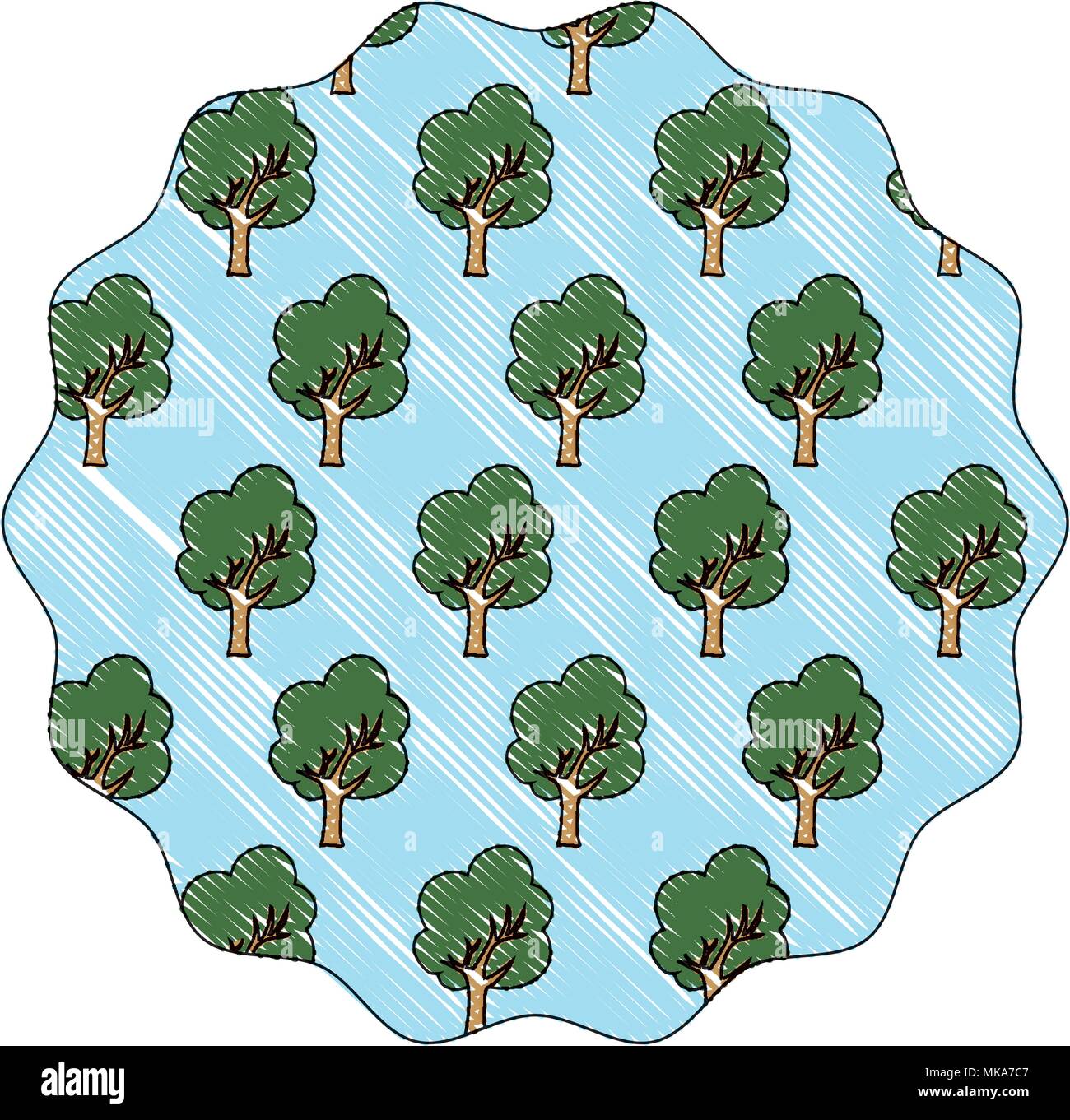 circular frame with trees pattern over white background, colorful ...