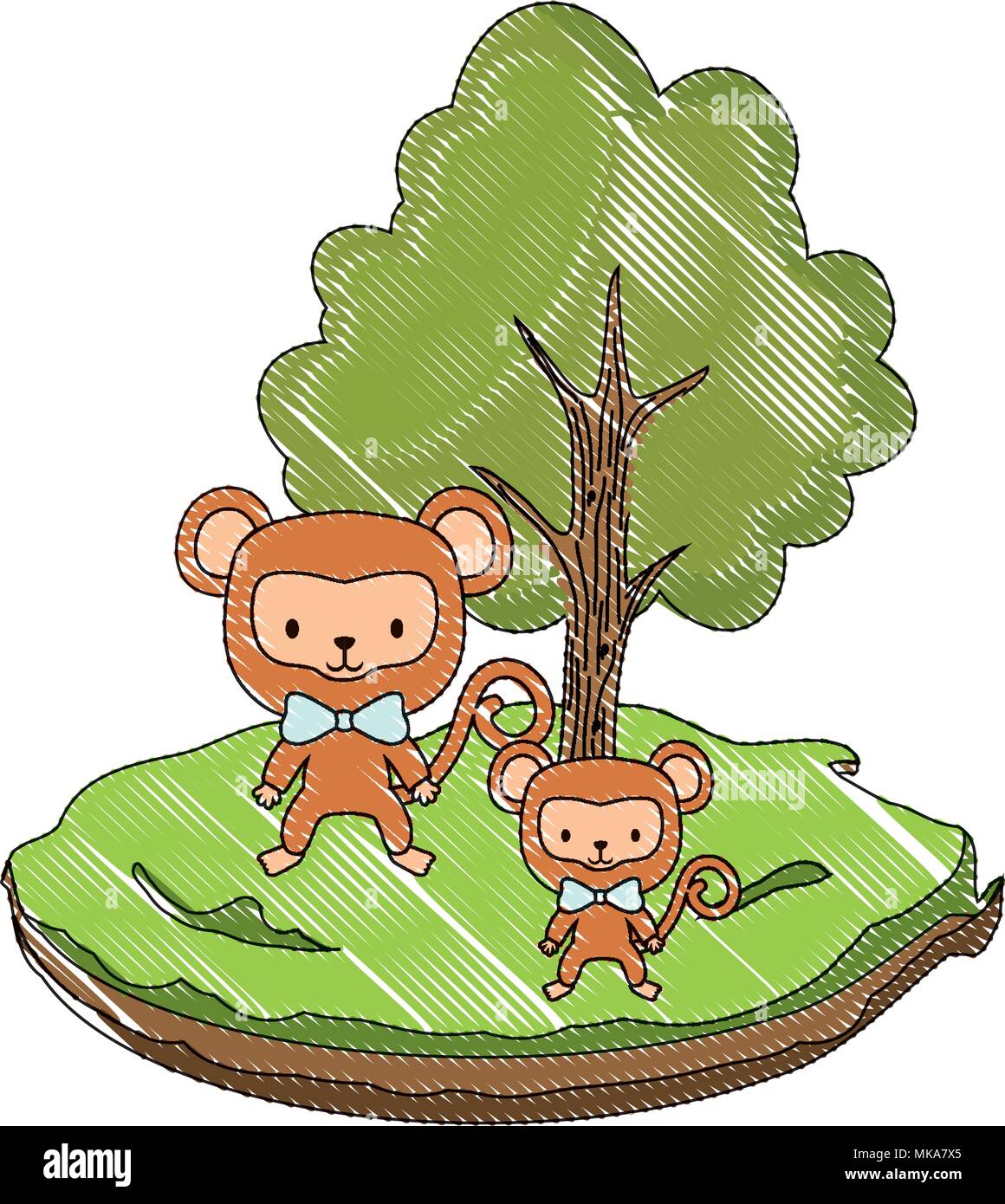cute monkeys around a tree over white background, colorful design ...