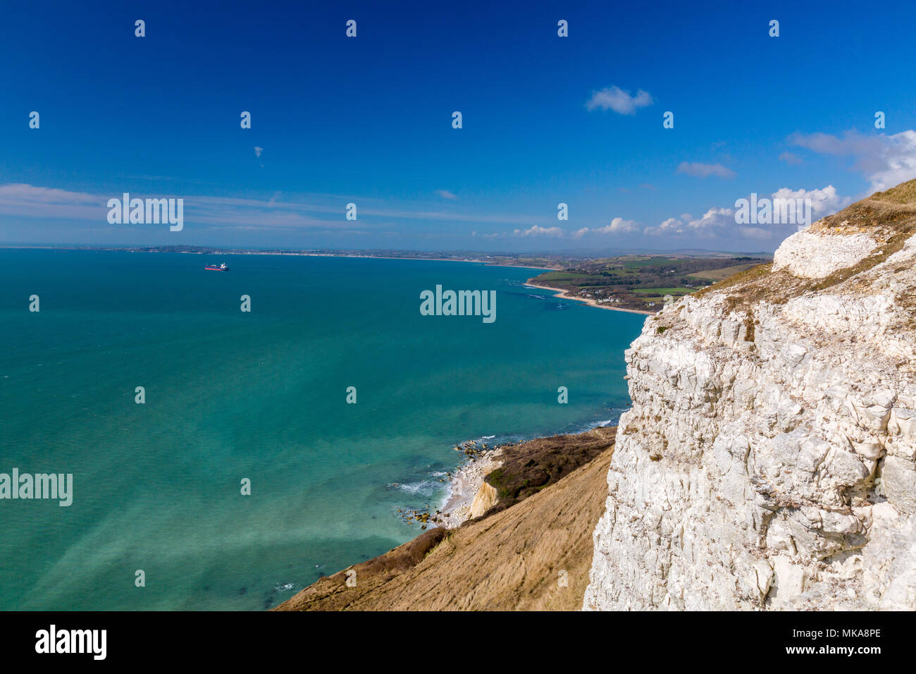 Looking west from White Nothe Point chalk cliffs towards Weymouth on ...