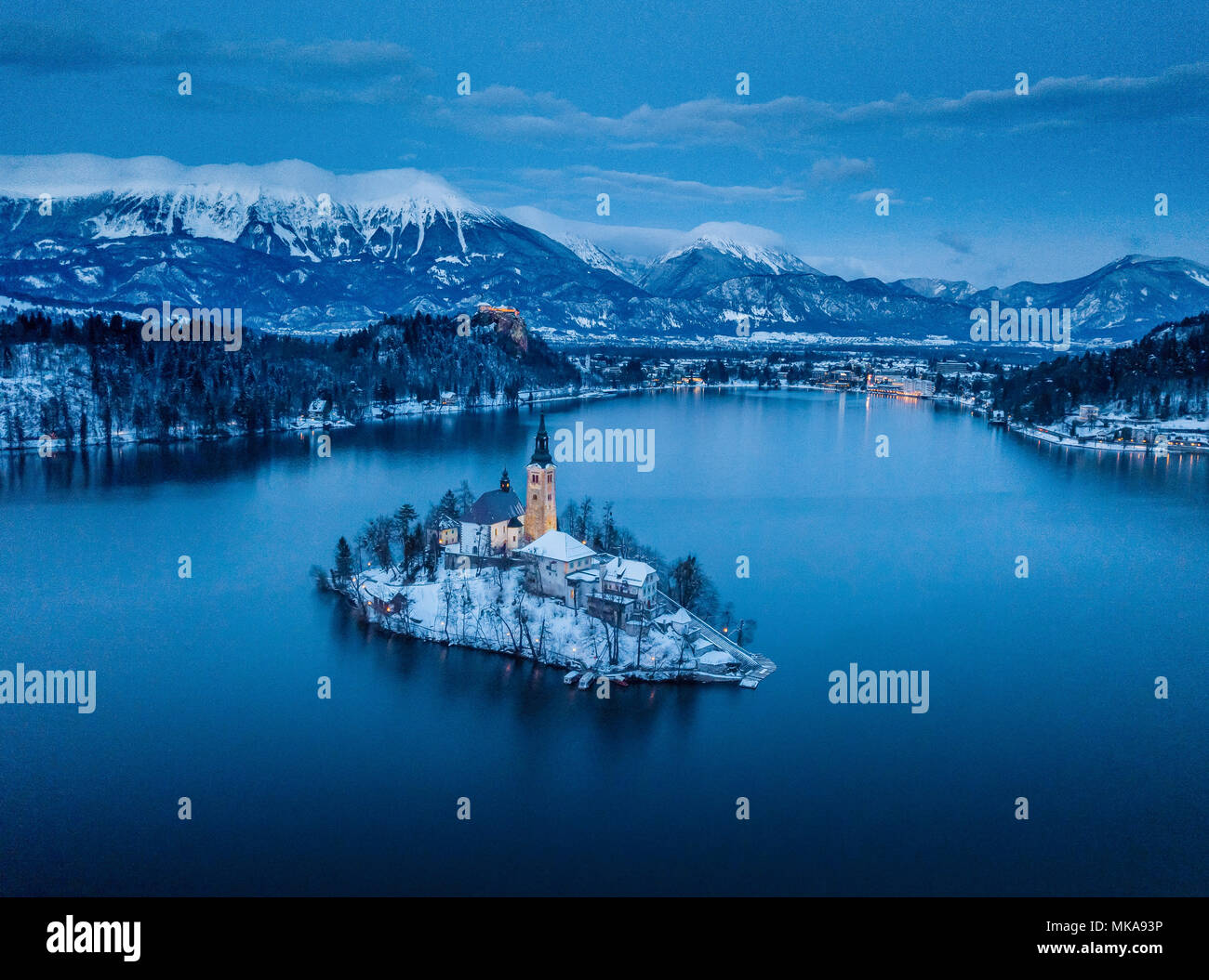 Beautiful aerial twilight view of Lake Bled with famous Bled Island and ...