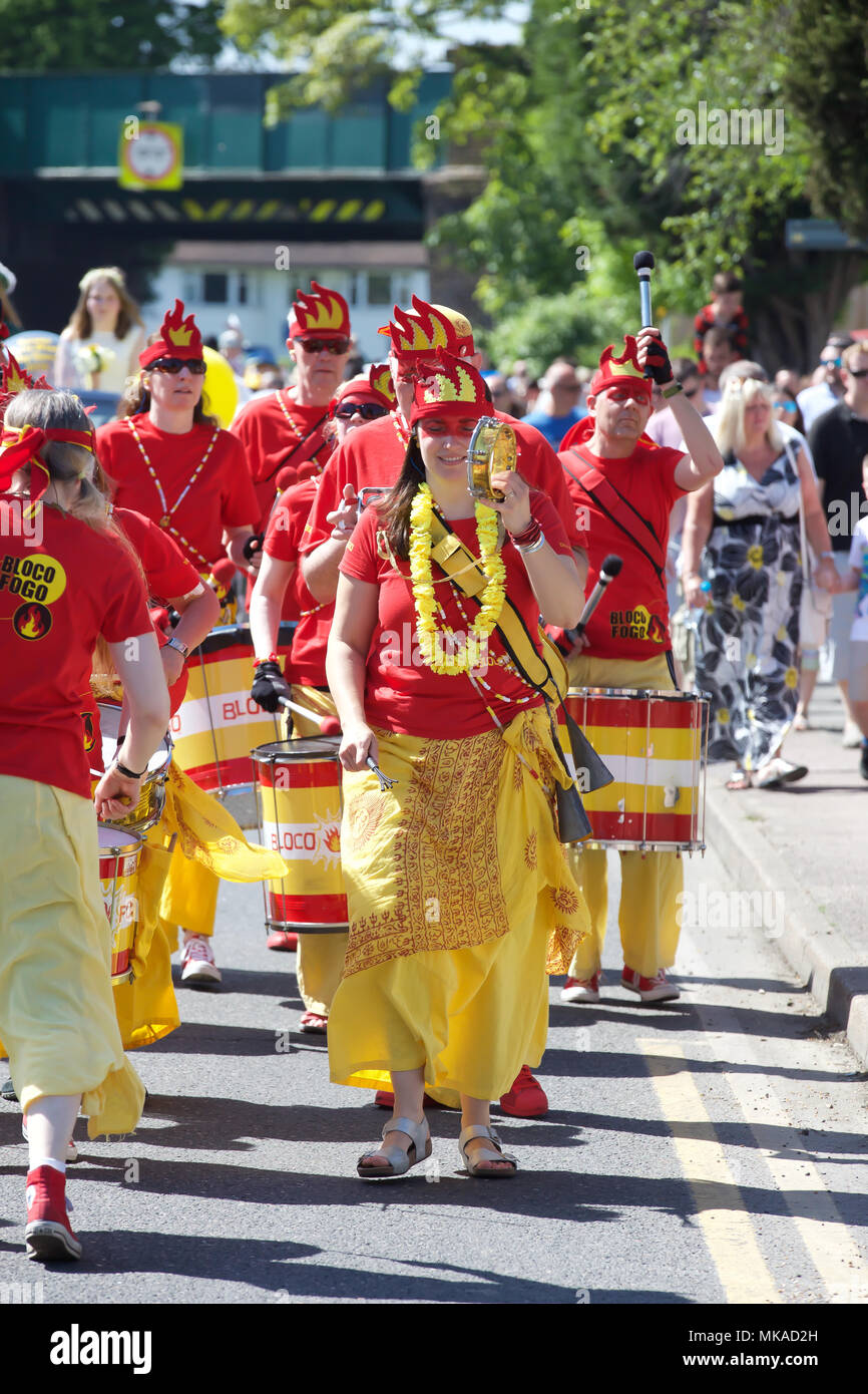 Petts Wood,UK,7th May 2018,Bloco Fog play during the traditional May ...