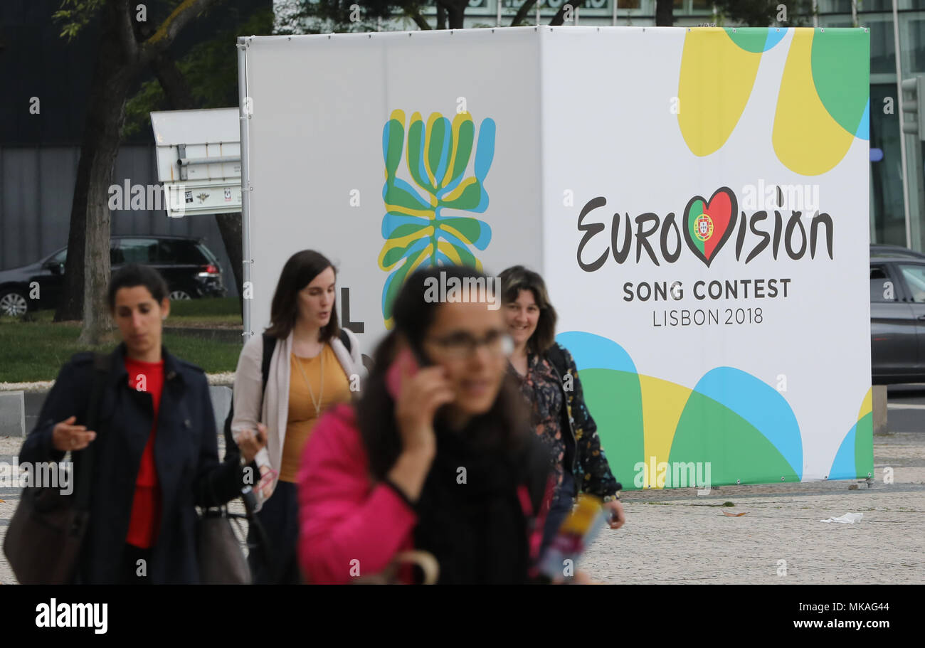 07 May 2018, Portugal, Lisbon: Picture of an oversized die with the ...