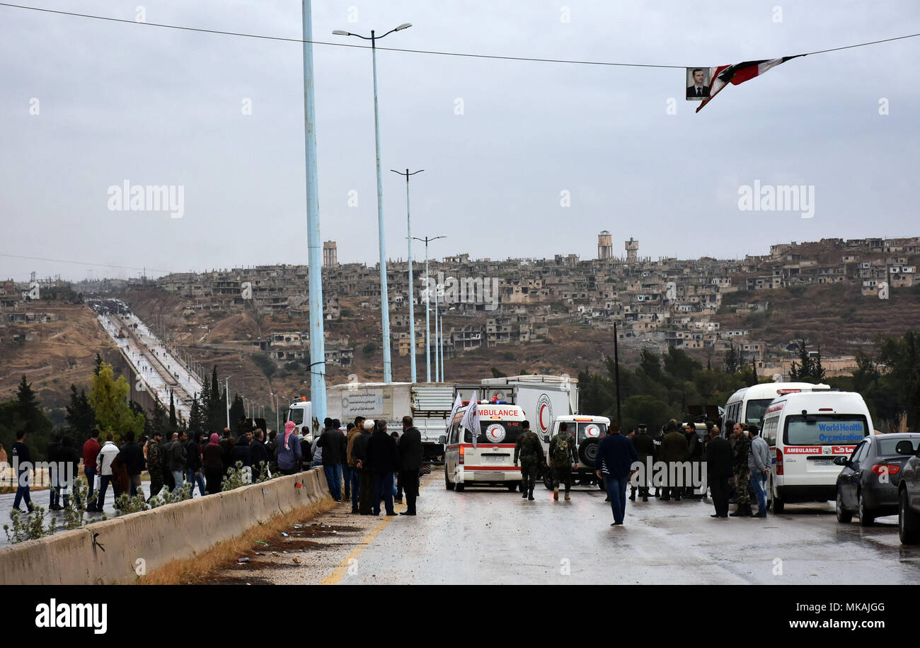 Hama. 7th May, 2018. Photo taken on May 7, 2018 shows ambulances ...