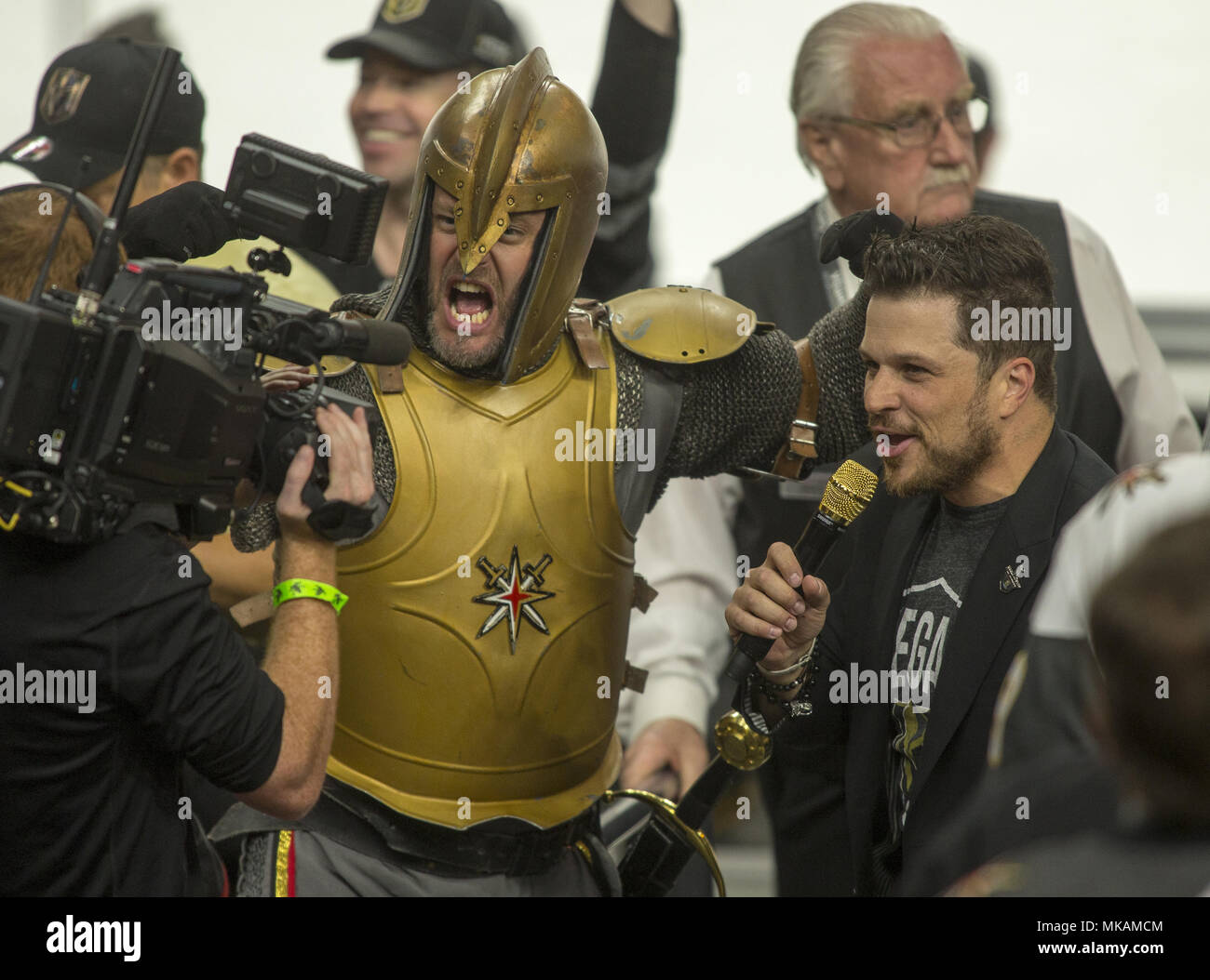 Las Vegas, Nevada, USA. 14th Apr, 2018. The Golden Knight gives a quick ...