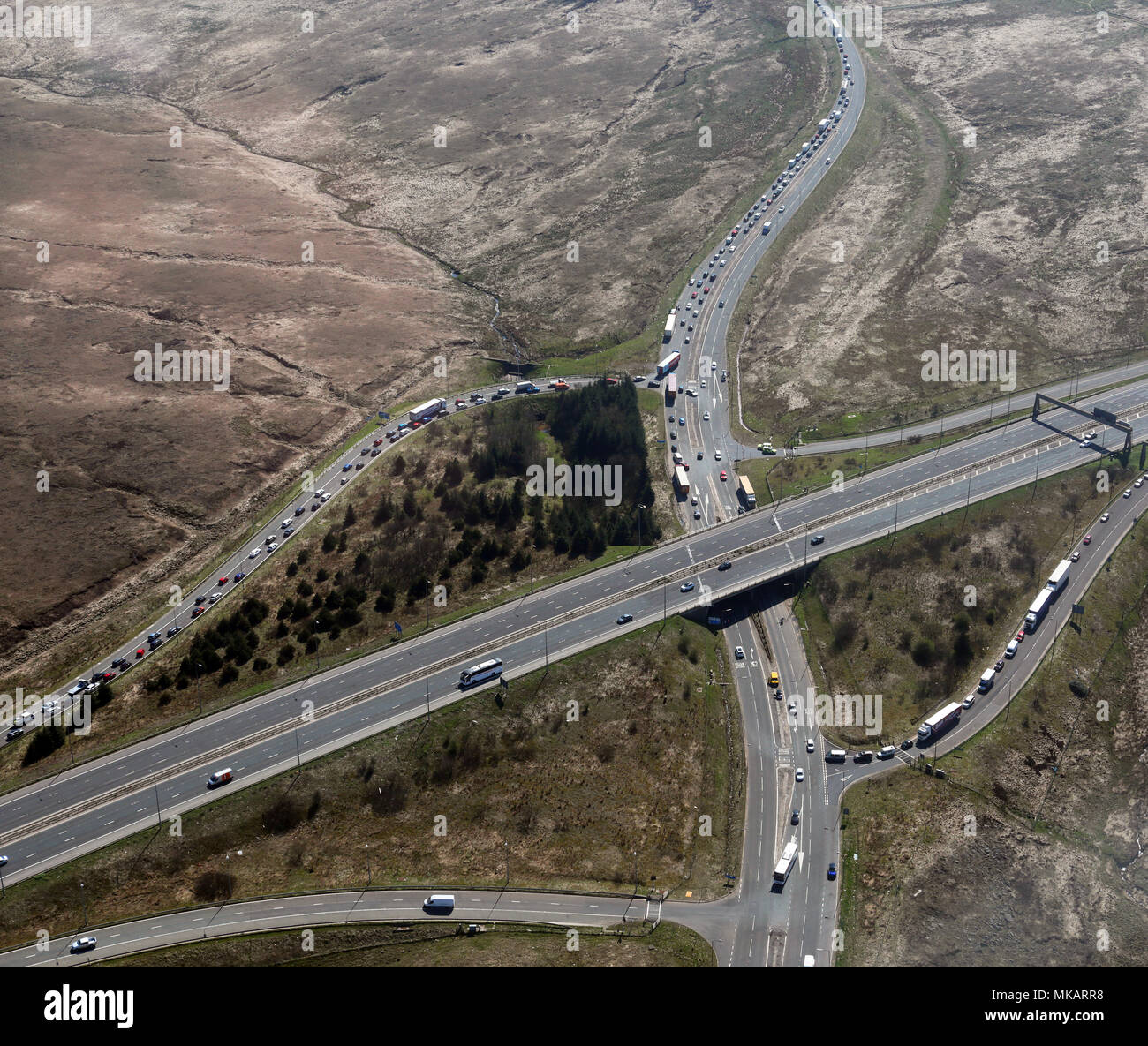aerial view of traffic jams on the M62 motorway east of Manchester, UK ...