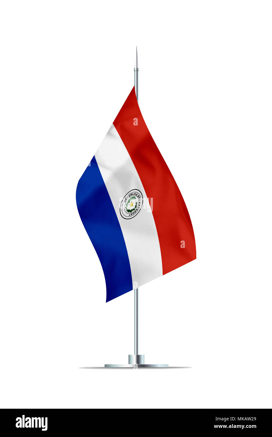 Small Paraguay flag on a metal pole. The flag has nicely detailed ...