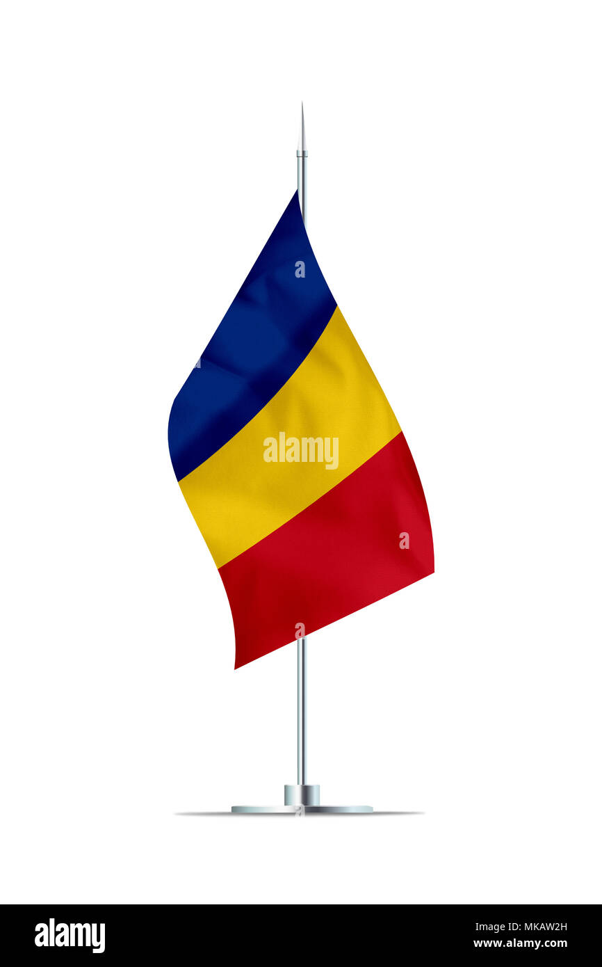 Small Romania flag on a metal pole. The flag has nicely detailed ...