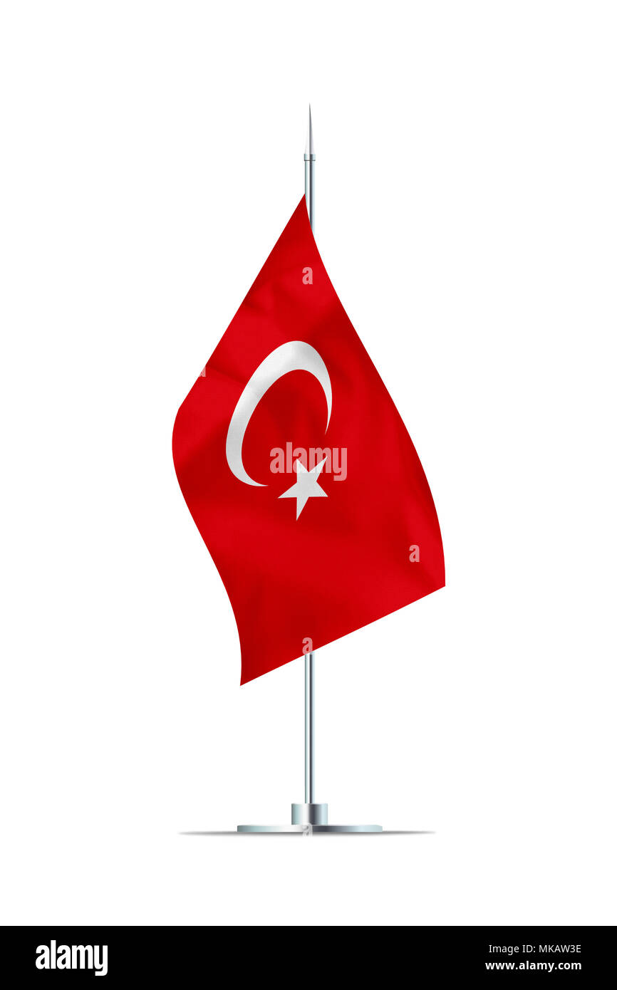 Small Turkish flag on a metal pole. The flag has nicely detailed ...