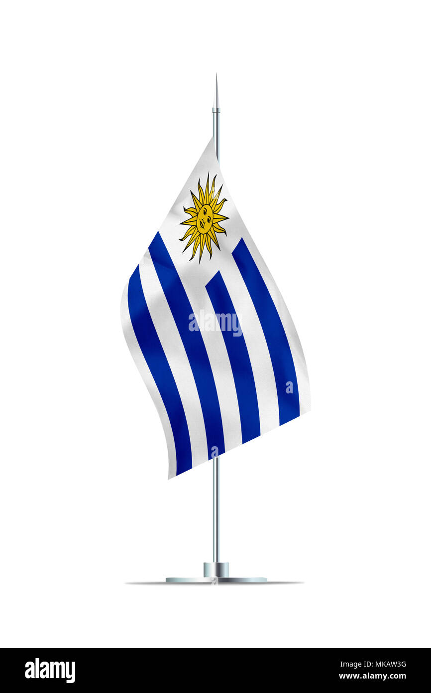 Small Uruguay flag on a metal pole. The flag has nicely detailed ...