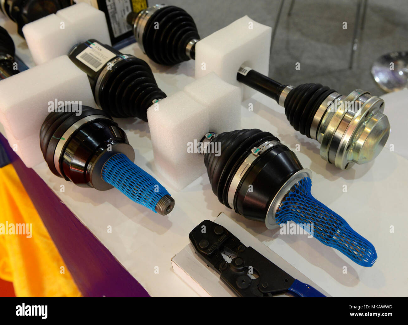 Car engine and transmission components on a manufacturers stand at the ...