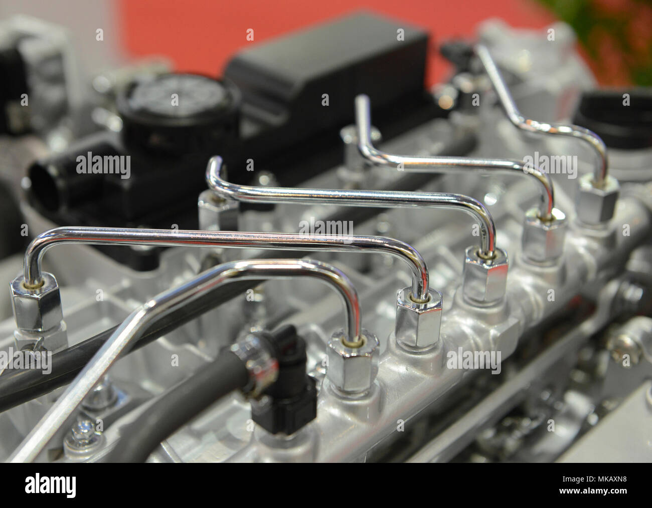 Close up of the top of a gas-fueled engine on display at the Auto China ...