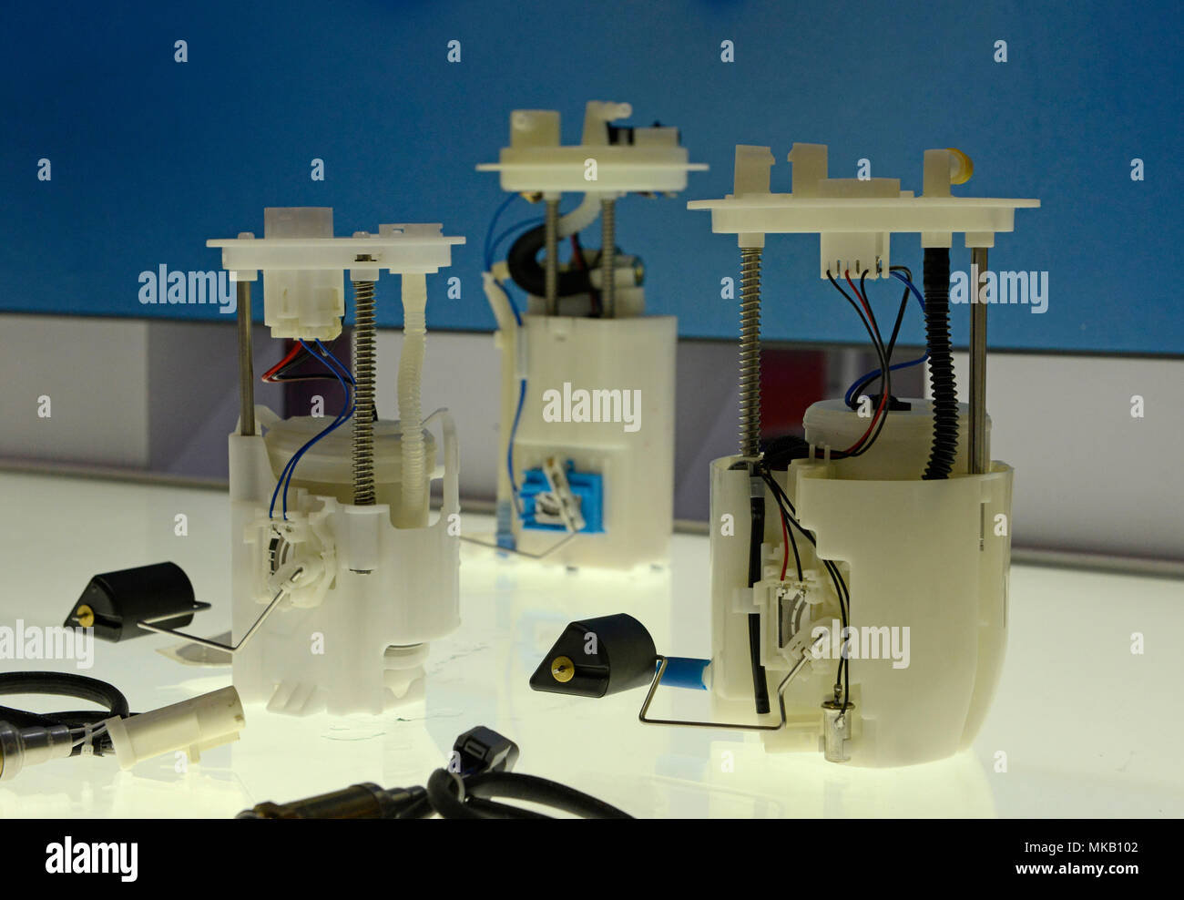 Fuel pump parts on a manufacturers stand at the Auto China 2018 ...