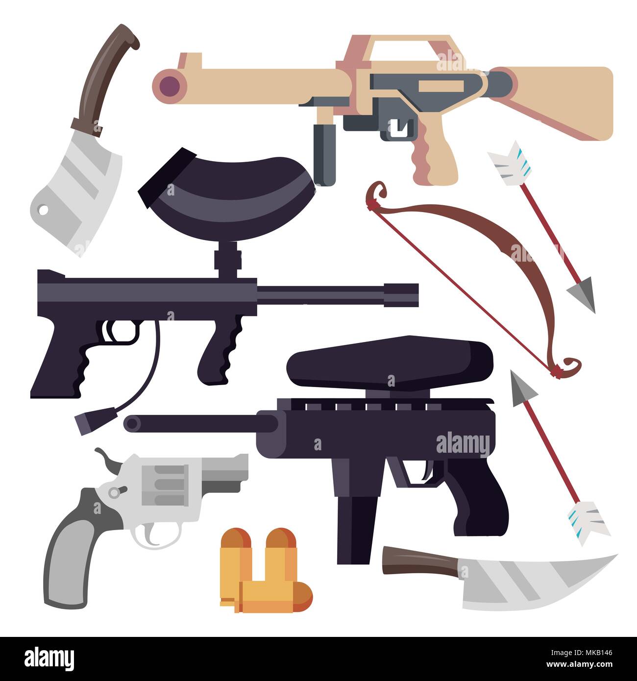 Weapon Set Vector. Weapons Icons. Pistol, Shotgun, Knife, Bow. Cartoon ...