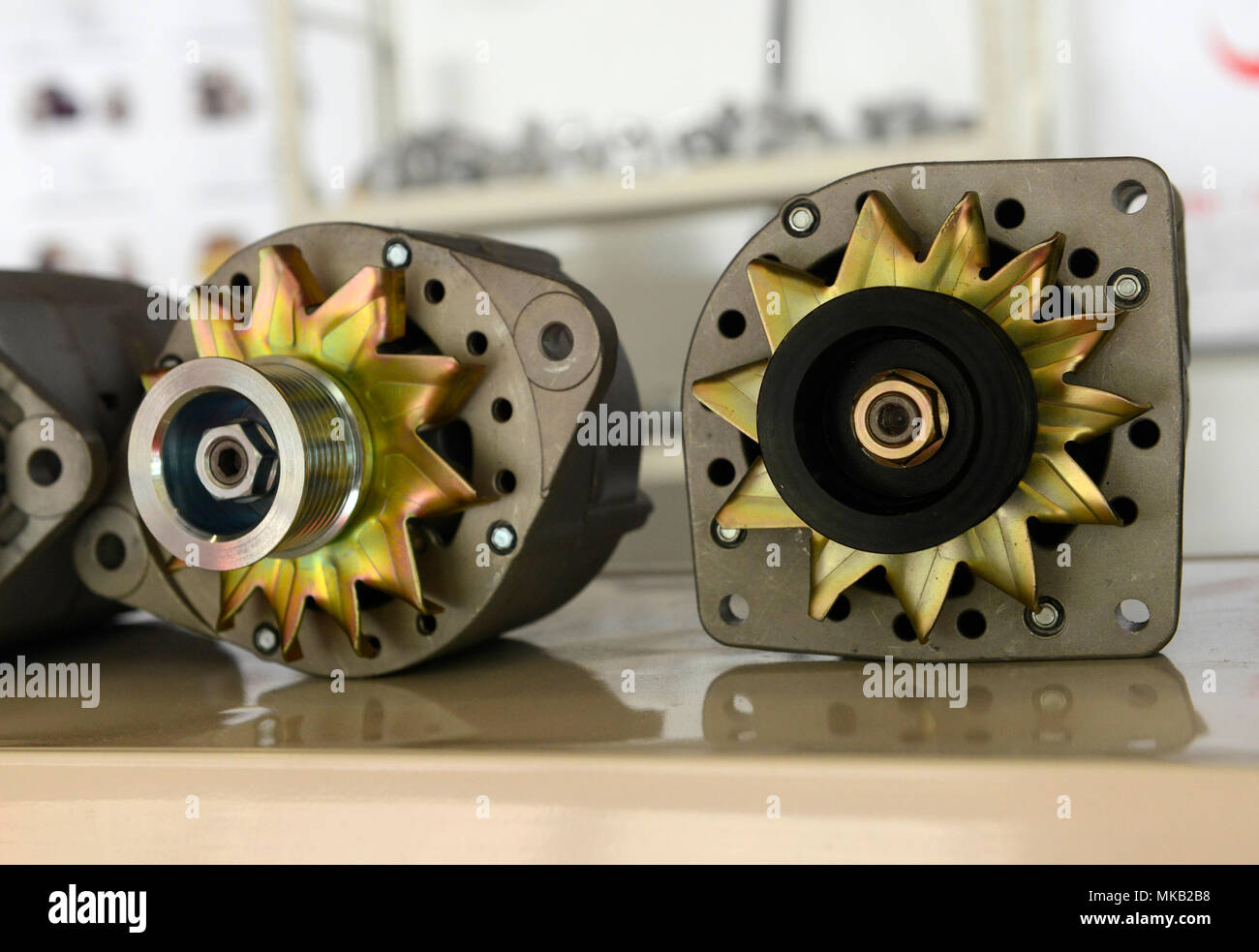 Car engine and transmission components on a manufacturers stand at the ...