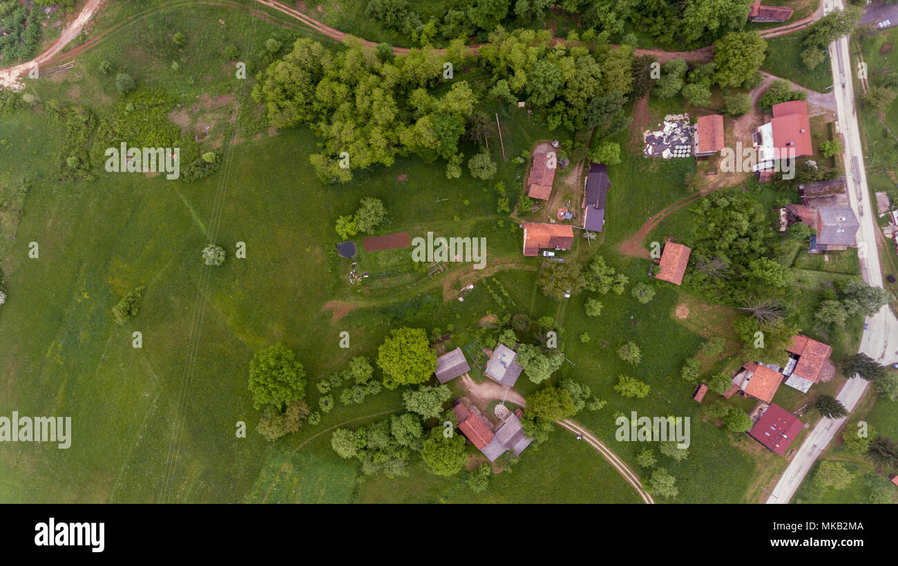 Drop down view of rural houses. Agricultural area from above Stock ...