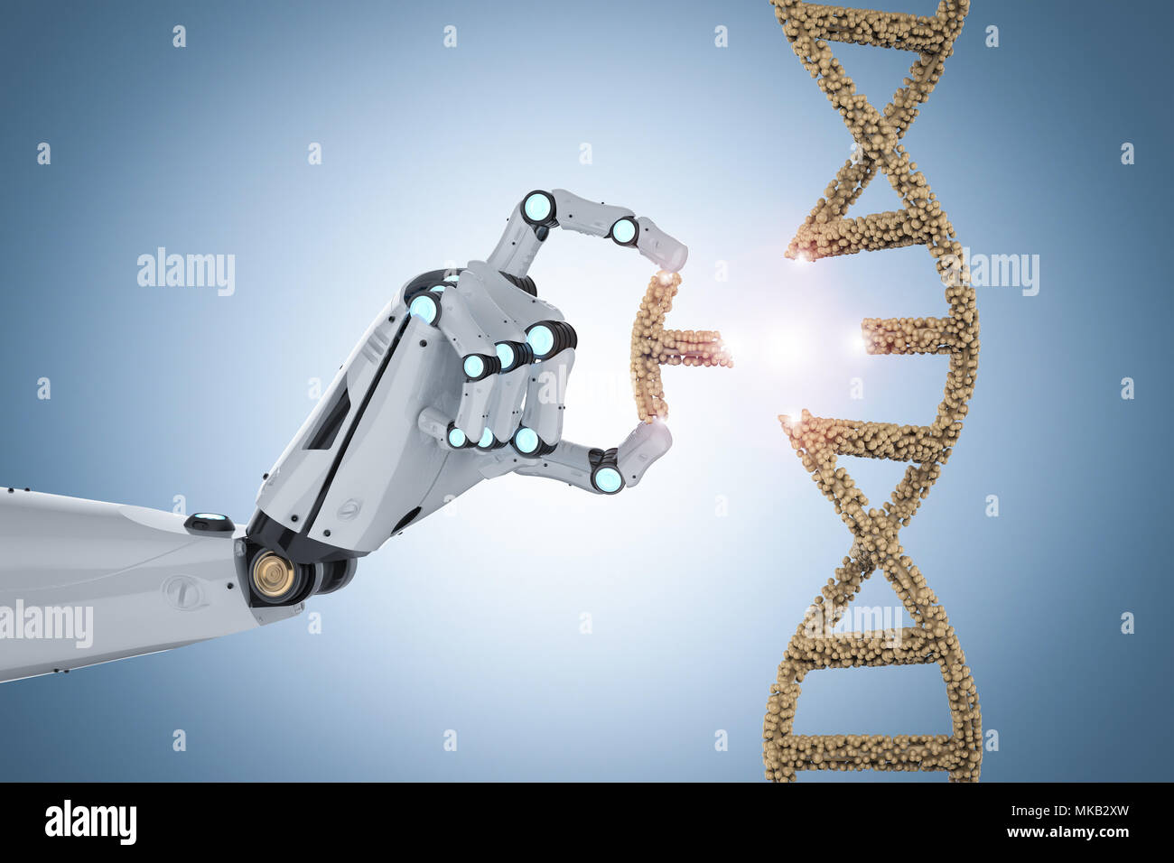 Genetic engineeering concept with 3d rendering robotic hand editing dna ...