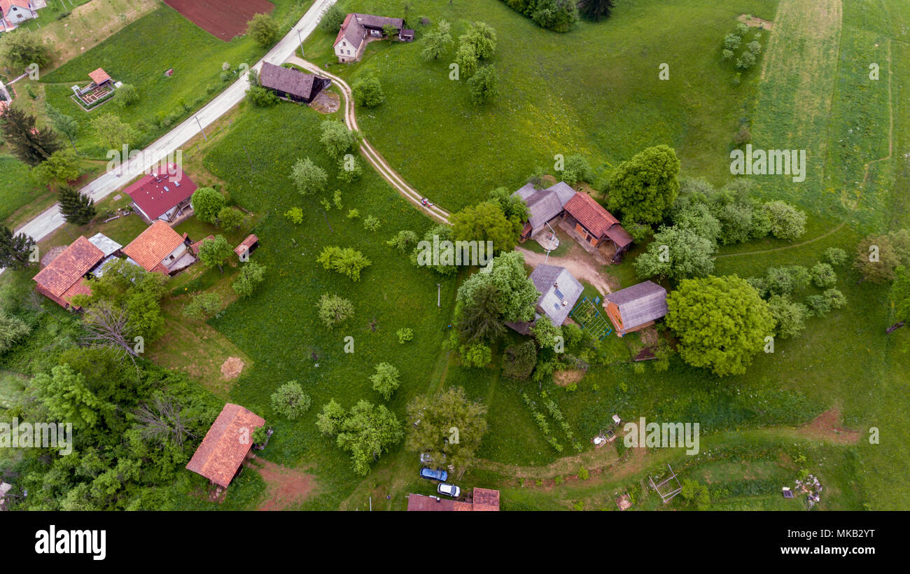 Drop down view of rural houses. Agricultural area from above Stock ...