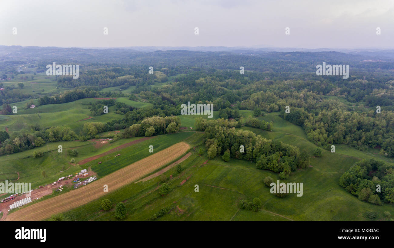 Aerial view of countryside at sunset. Rural area from above Stock Photo ...