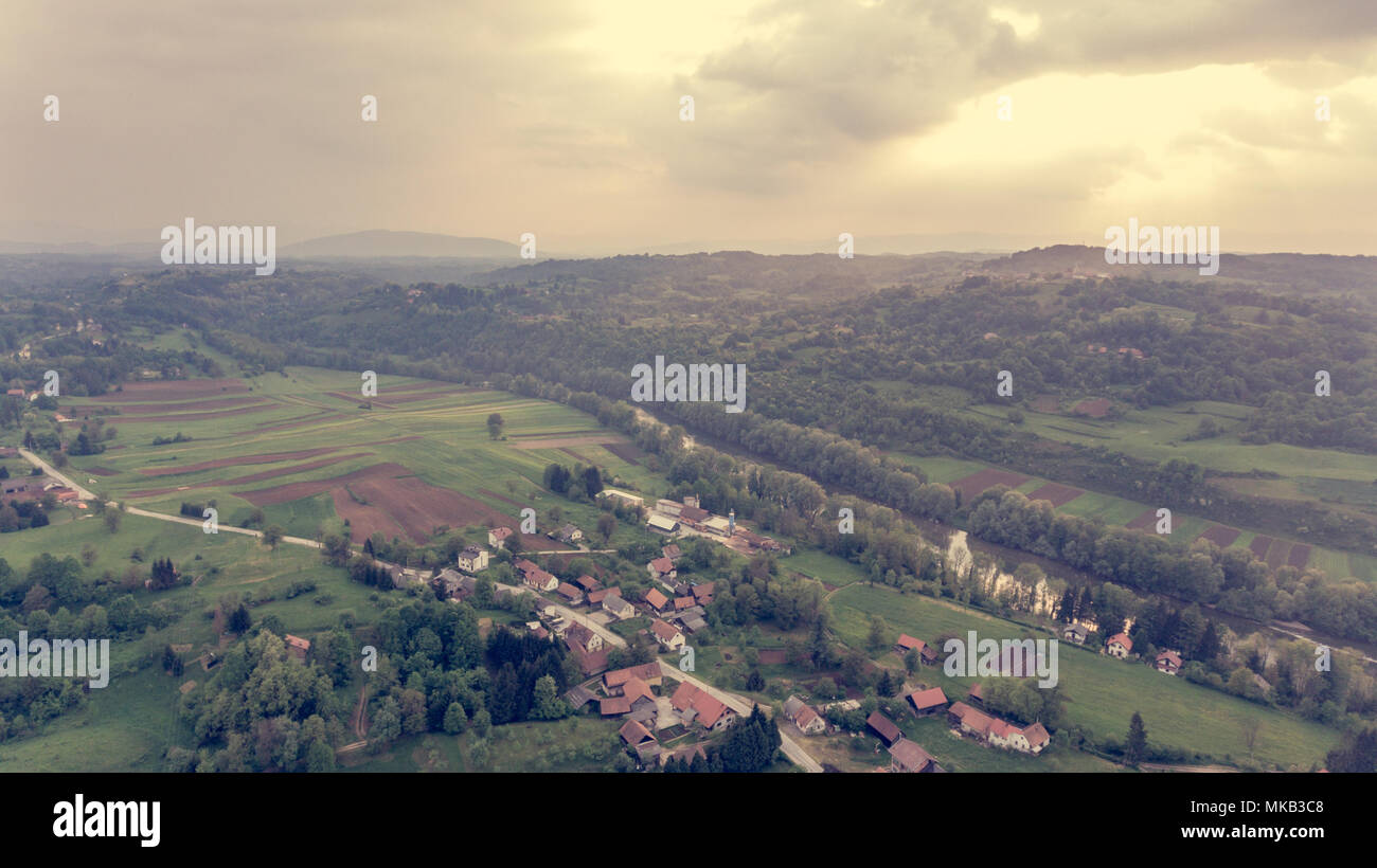 Aerial view of countryside at sunset. Rural area from above Stock Photo ...