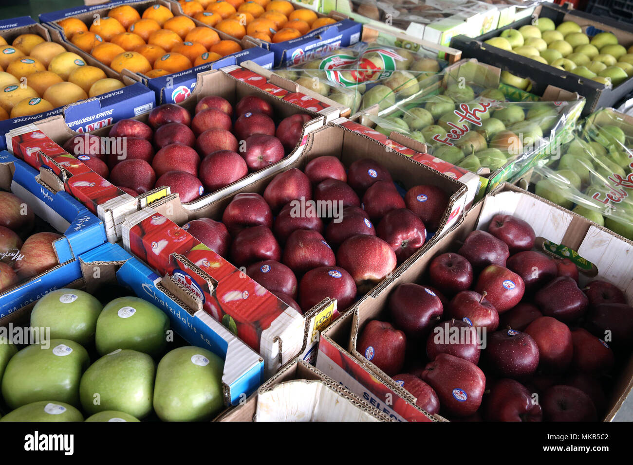 Fruits, apples, oranges and pears in the Fruit & Vegetable Market in ...