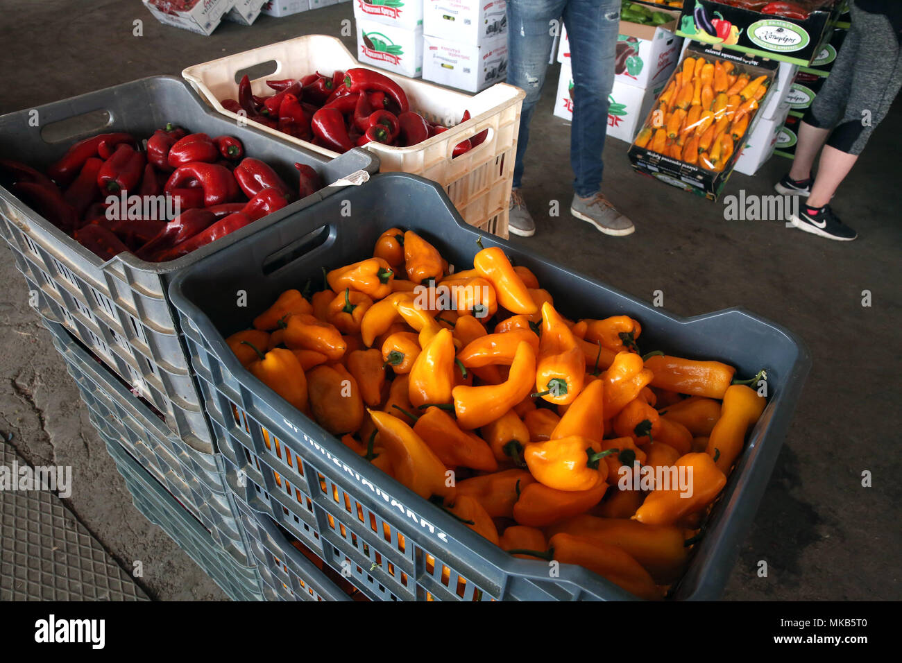Greek red and orange sweet peppers in the Fruit & Vegetable Market in ...
