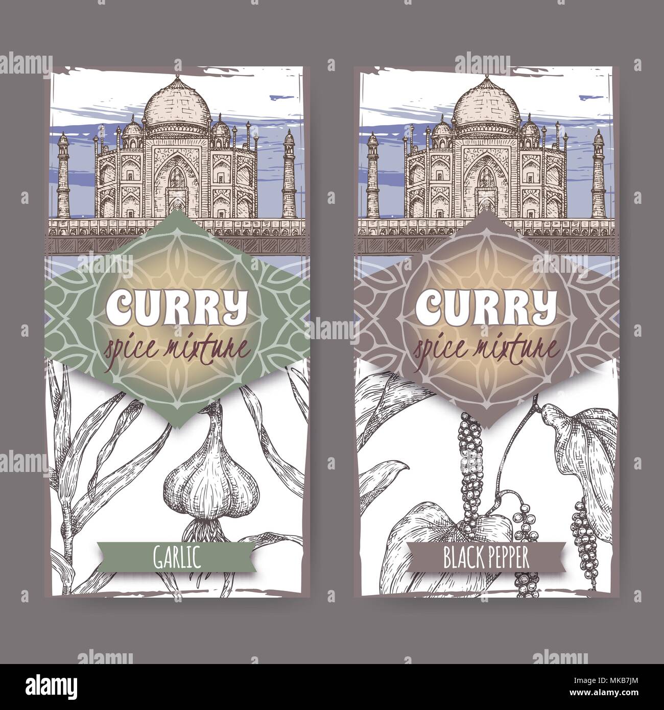 Set of two labels with garlic, black pepper and Taj Mahal hand drawn ...