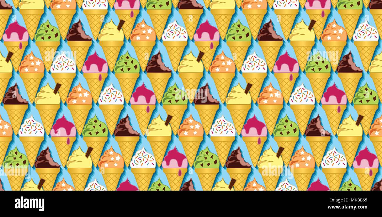 Background pattern of multi-flavored ice cream cones. Seamless repeat ...