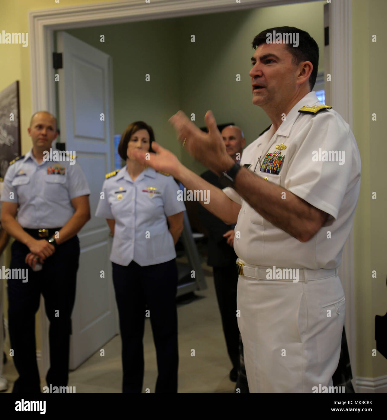 U.S. Navy Rear Admiral Brad Skillman gives a speech during the ...