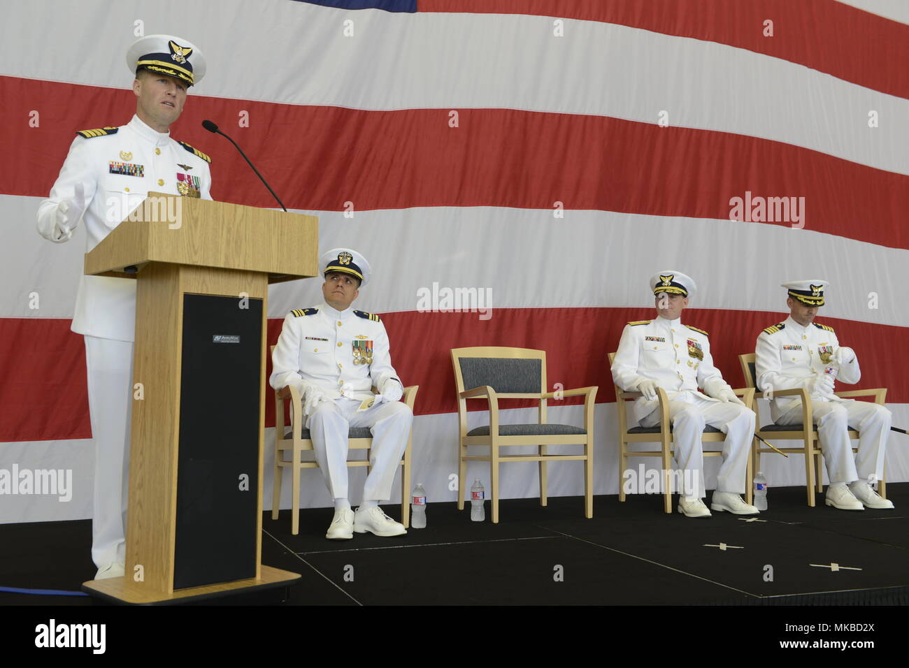 Capt. Tony Hahn gives a farewell speech during a change-of-command ...