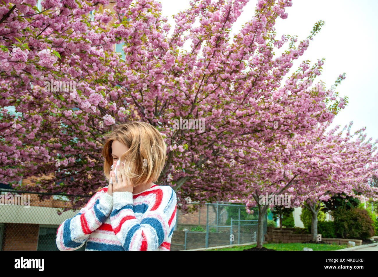 Young woman blowing nose in front of blooming tree. Spring allergy concept Stock Photo - Alamy