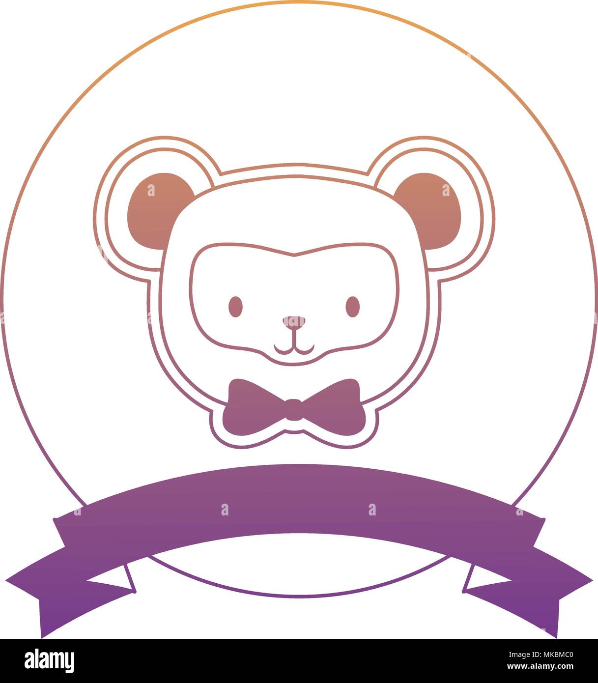 emblem with cute monkey and decorative ribbon over white background ...