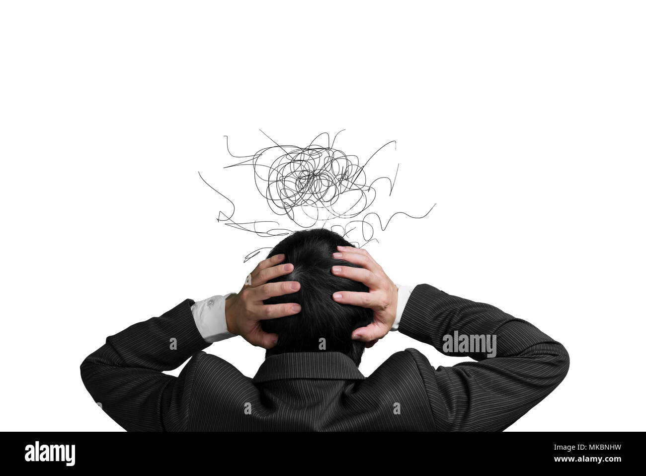 Businessman with two hands hold head with chagrin expression and ...