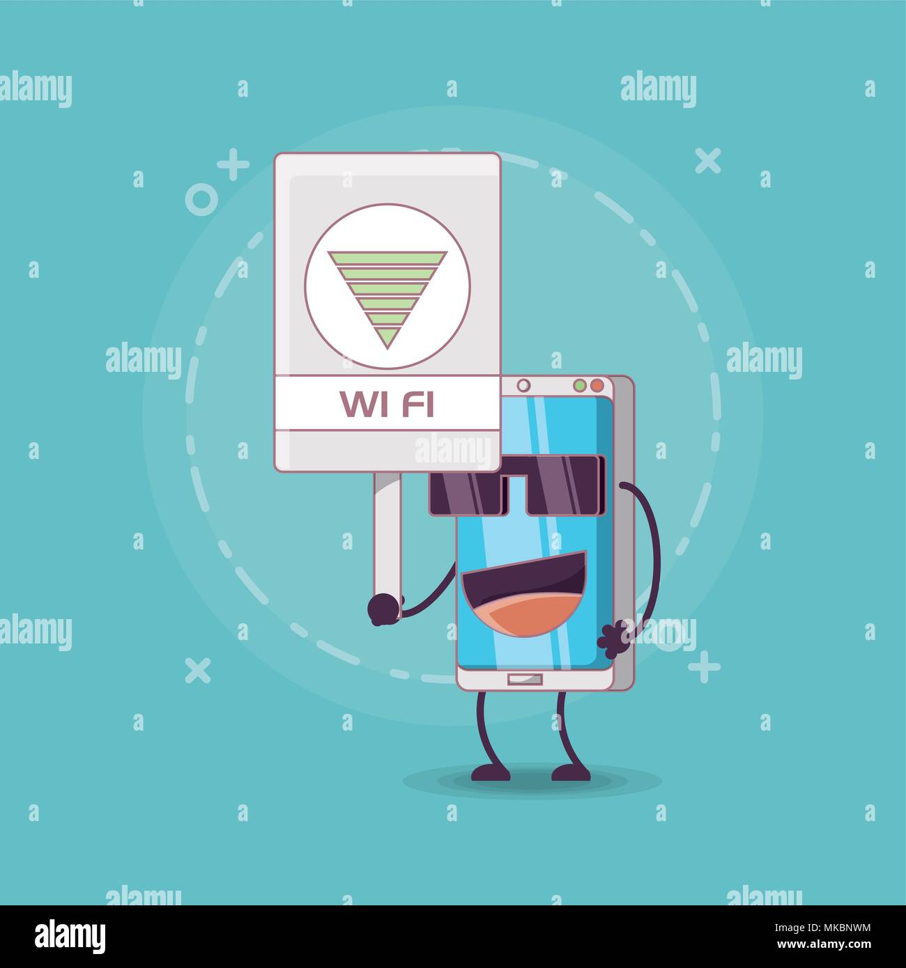 cartoon smartphone with board with wifi symbol over blue background ...