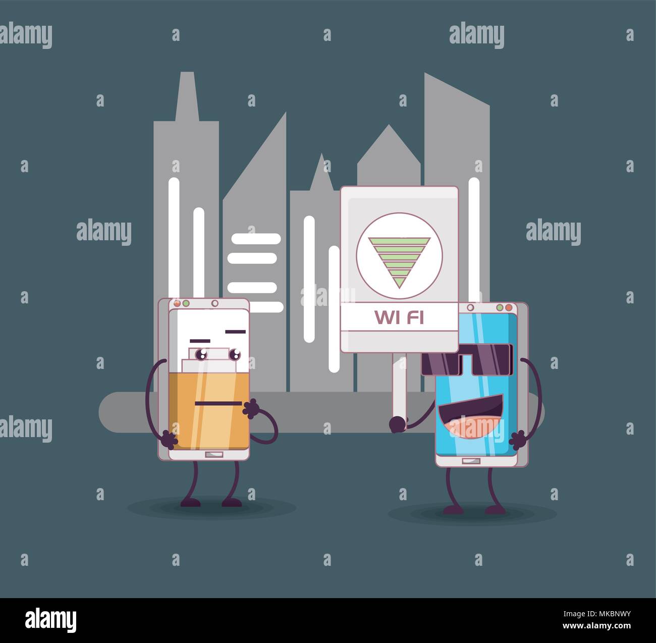 cartoon smartphones over city buildings and gray background, colorful ...