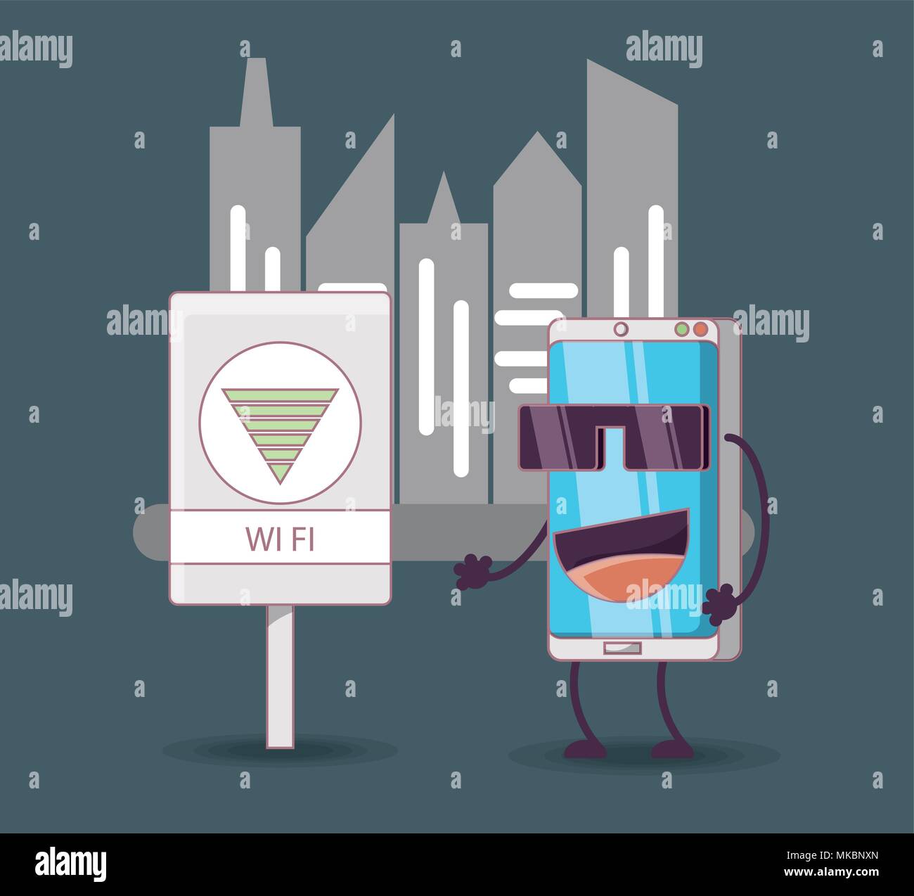 cartoon smartphone on wifi zone over city buildings and gray background ...