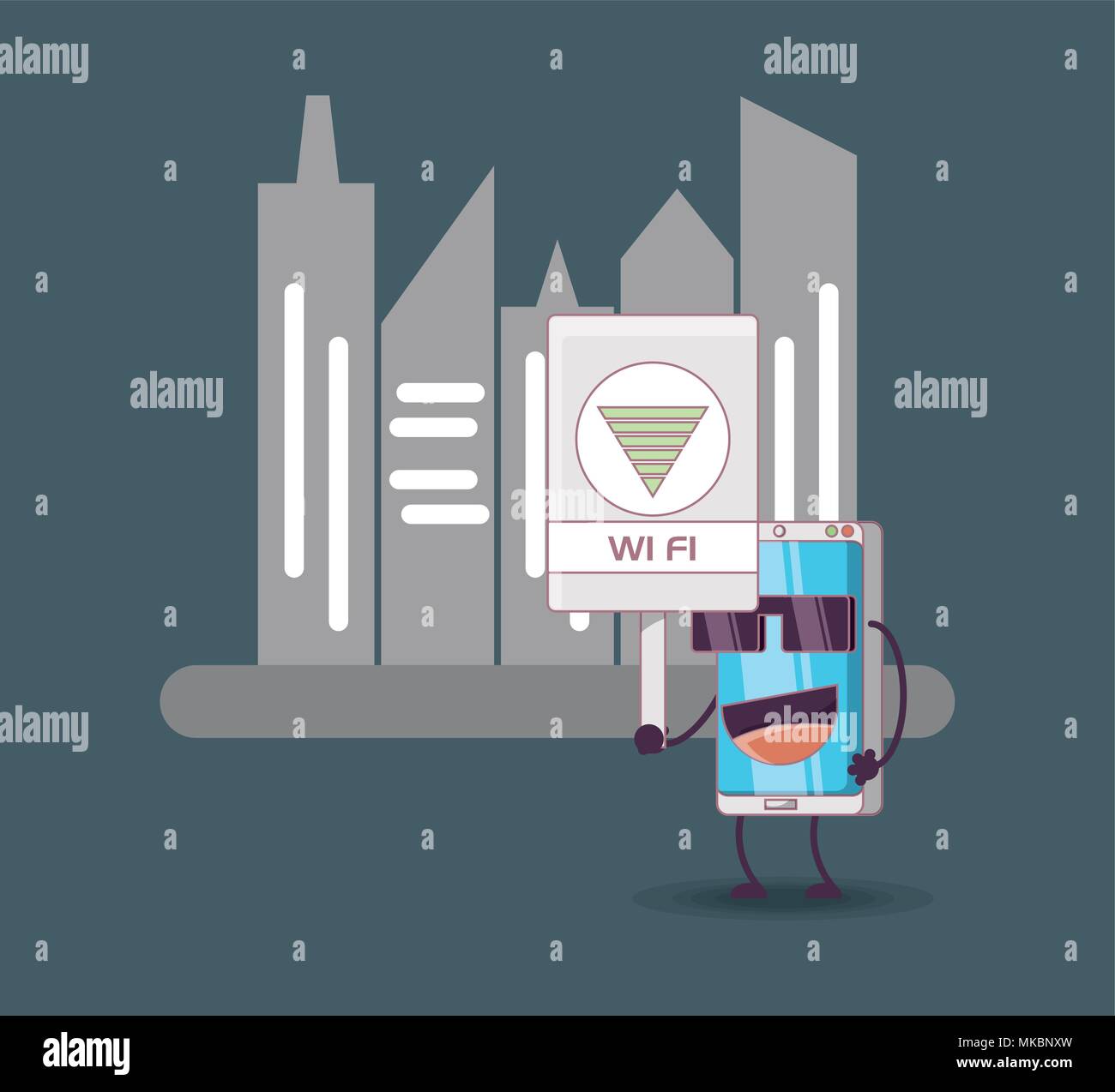 cartoon smartphone on wifi zone over city buildings and gray background ...