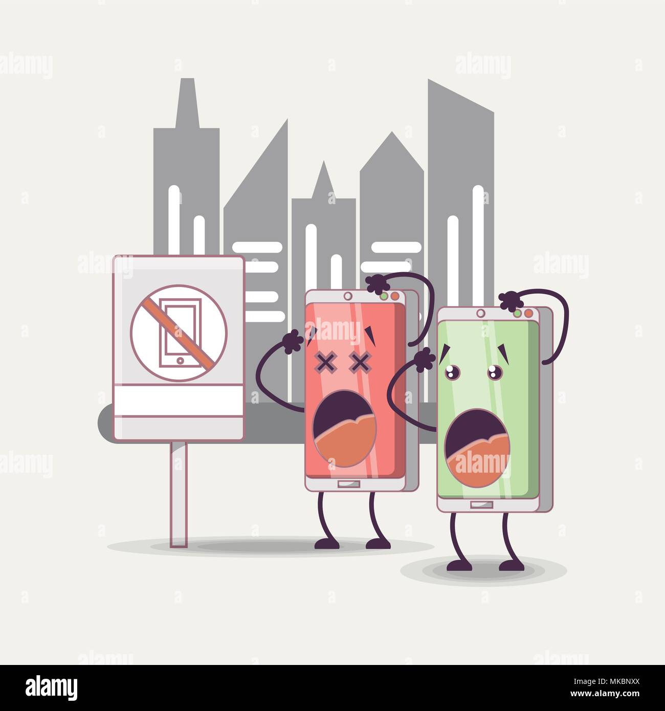 Mobile design with cartoon smartphones in no mobile zone over white ...