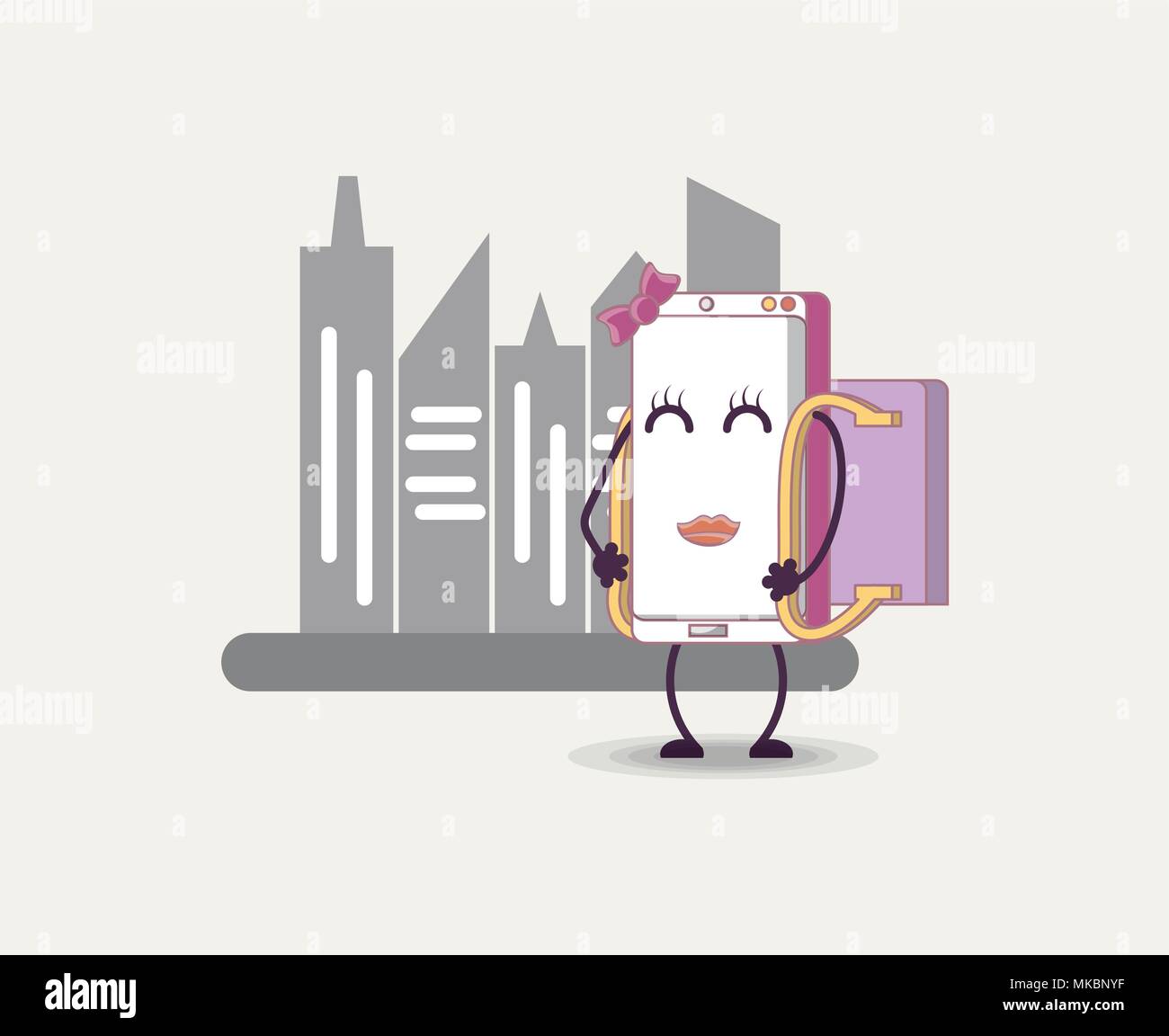 Mobile design with cartoon lady smartphone over city buildings and ...