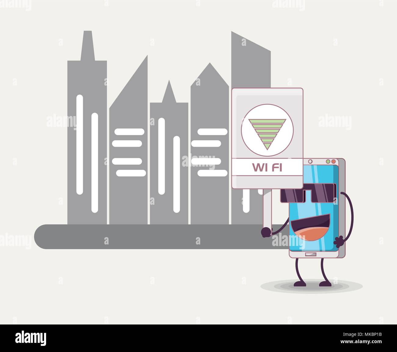 Mobile design with cartoon cool smartphone over city buildings and ...