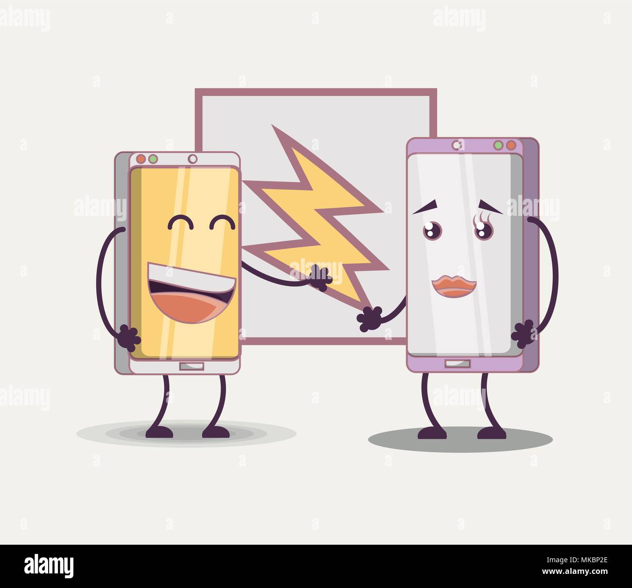Mobile design with cartoon smartphones over energy symbol and white ...