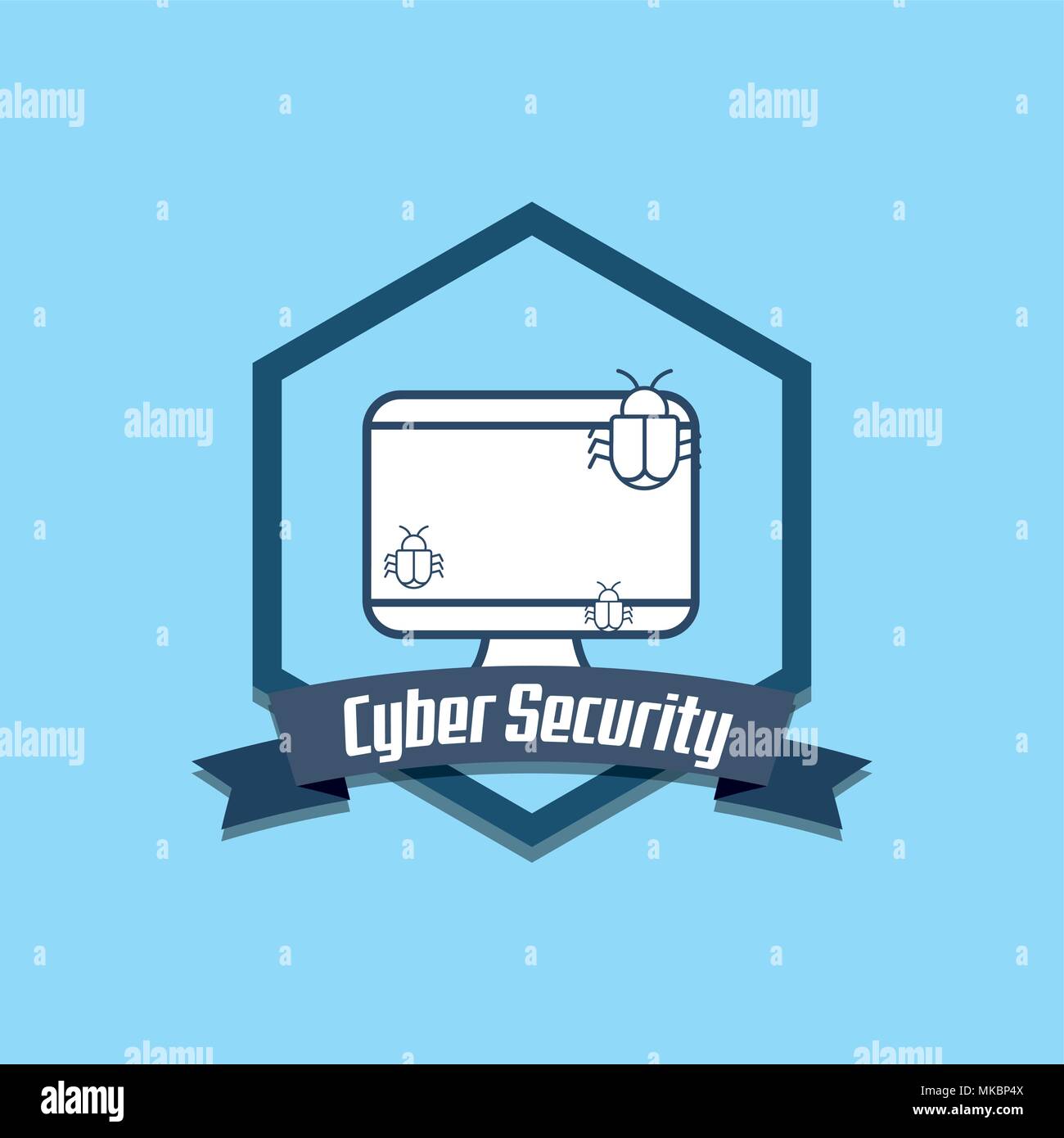 emblem of cyber security concept with computer and virus bugs over blue ...