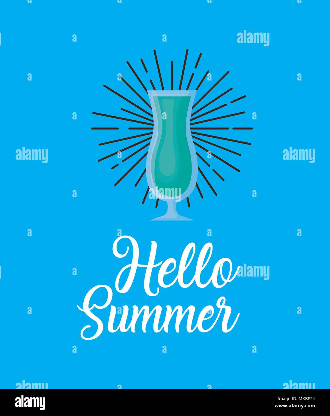 Hello summer design with cocktail drink over blue background, colorful ...