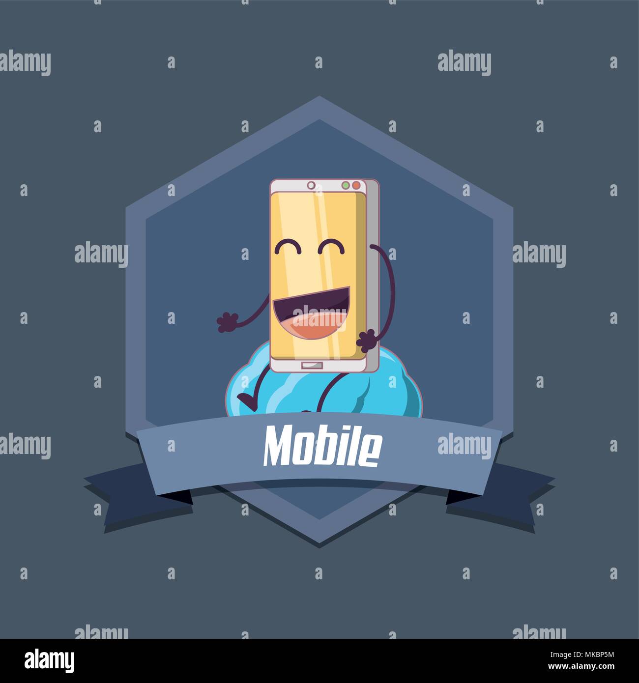 emblem of mobile concept with happy cartoon smartphone over gray ...