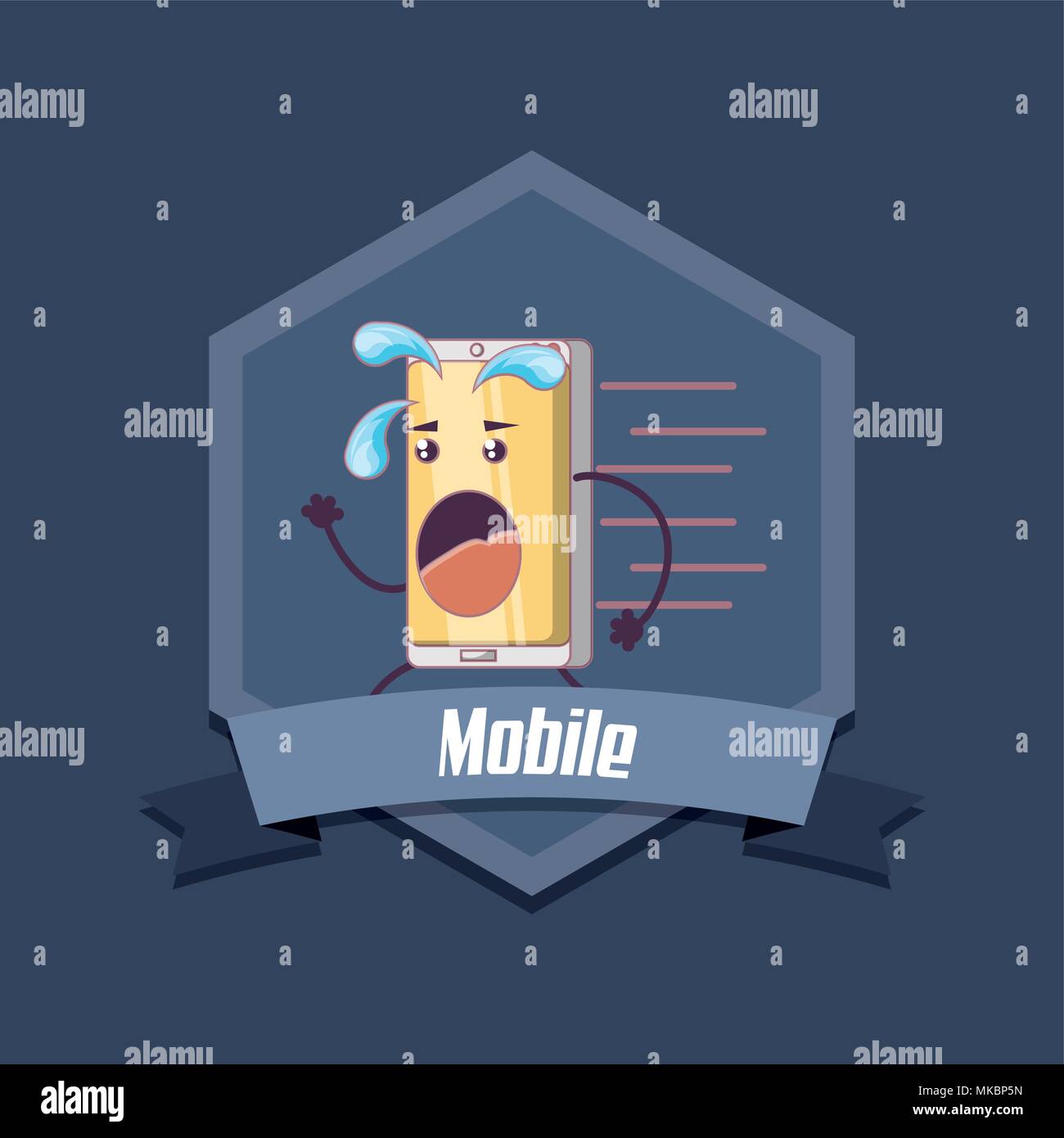 emblem of mobile concept with cartoon smartphone running over gray ...