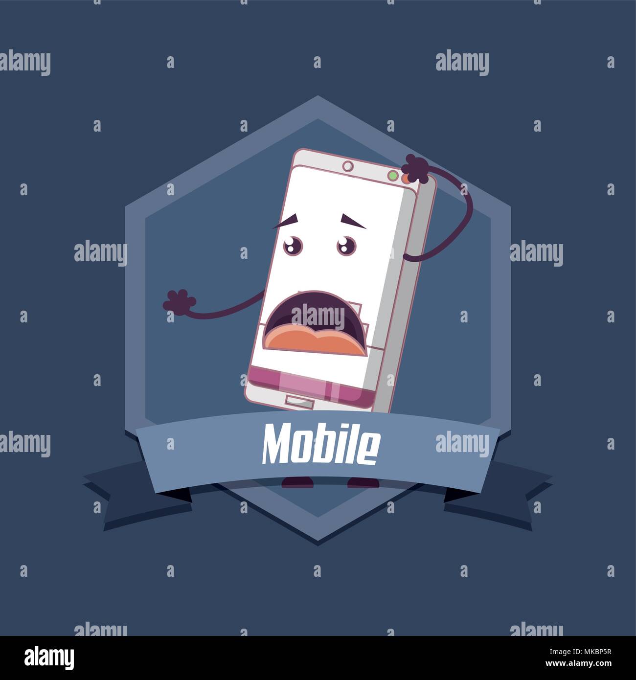 emblem of mobile concept with cartoon surprised smartphone over gray ...