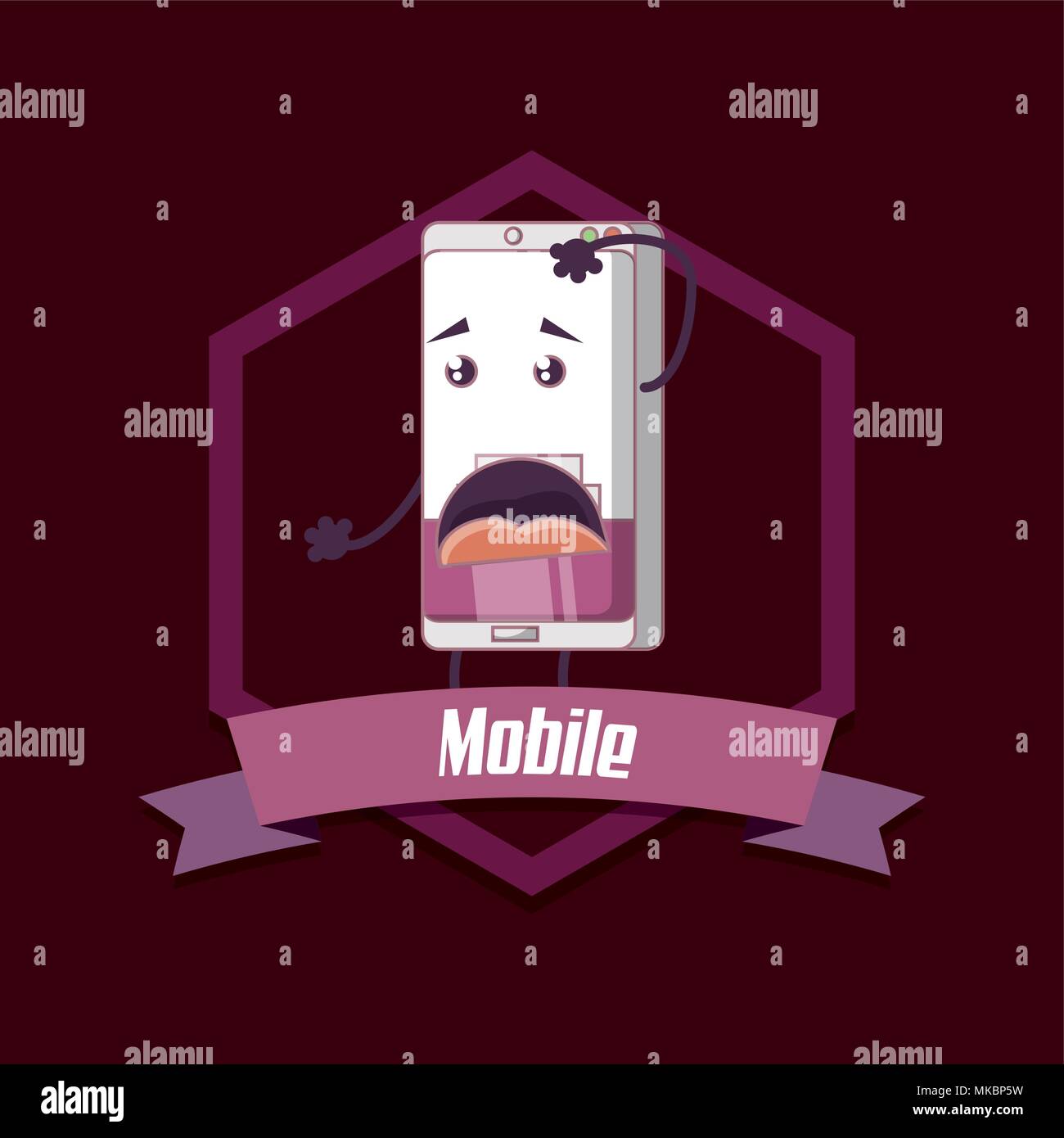 emblem of mobile concept with cartoon worried smartphone over red ...