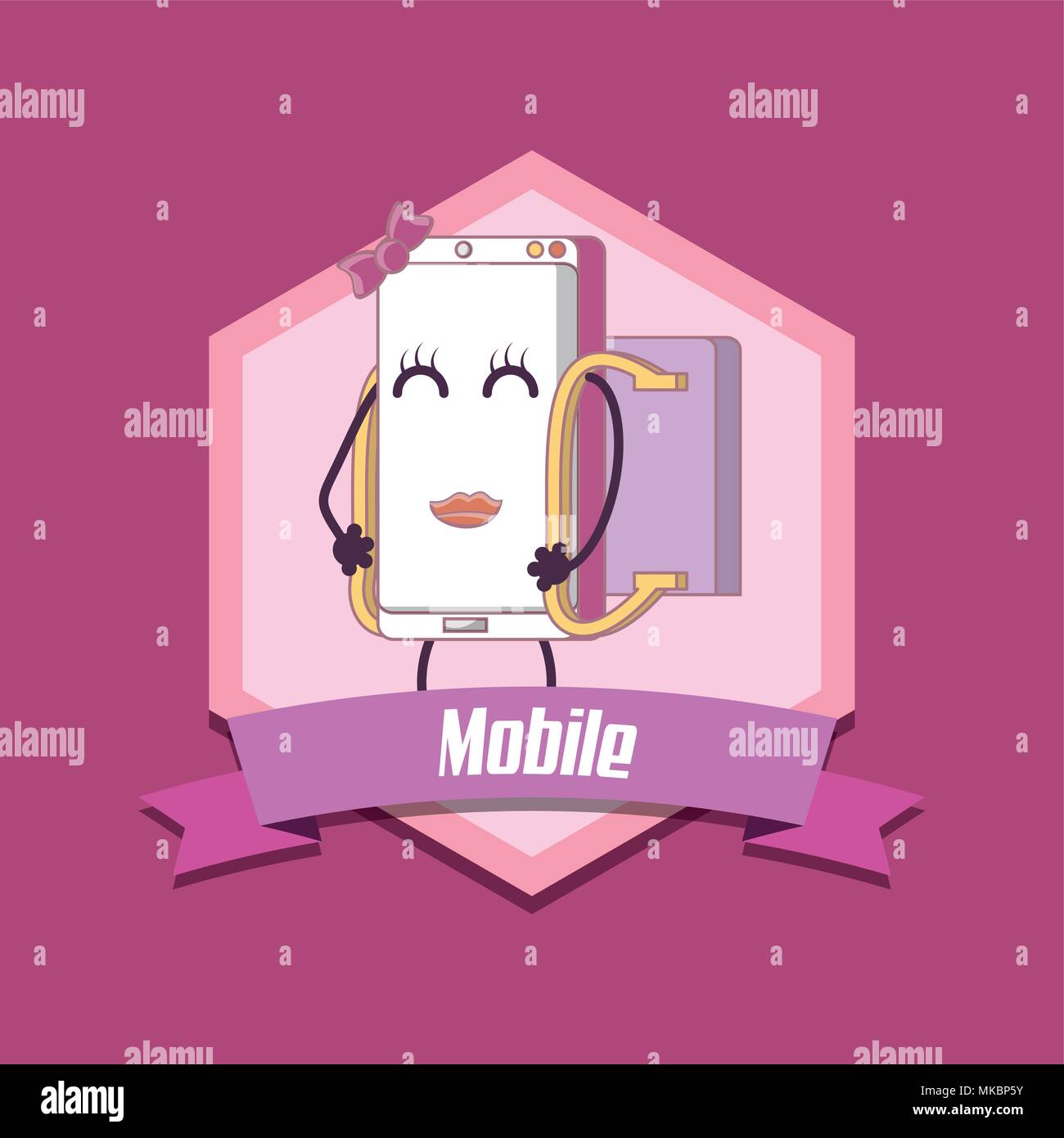 emblem of mobile concept with cartoon lady smartphone over pink red ...