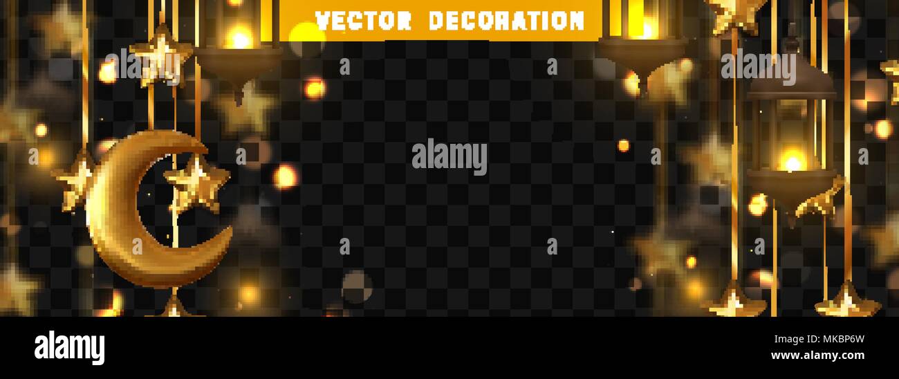 Gold star decorations with old lamps hanging on golden ribbon ...